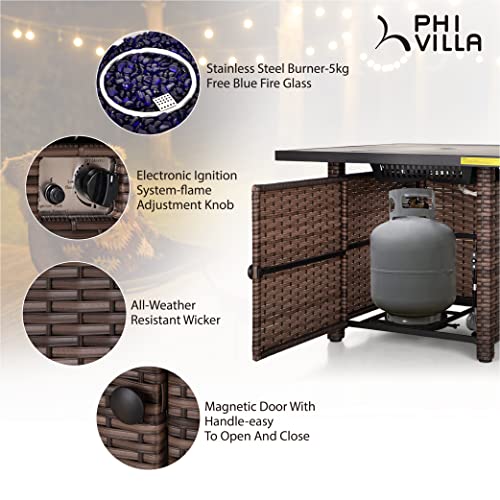 PHI VILLA 32 Inch Gas Fire Pit Table, 50000 BTU Square Outdoor Propane Rattan Fire Pit Table with Lid and Blue Fire Glass for Patio, Backyard and Garden