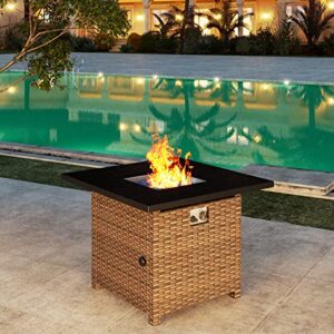 PHI VILLA 32 Inch Gas Fire Pit Table, 50000 BTU Square Outdoor Propane Rattan Fire Pit Table with Lid and Blue Fire Glass for Patio, Backyard and Garden