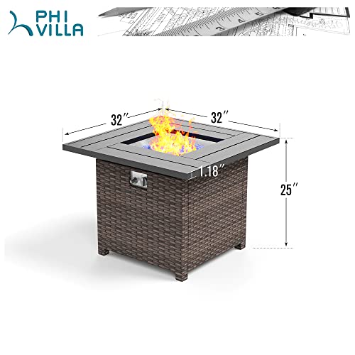 PHI VILLA 32 Inch Gas Fire Pit Table, 50000 BTU Square Outdoor Propane Rattan Fire Pit Table with Lid and Blue Fire Glass for Patio, Backyard and Garden