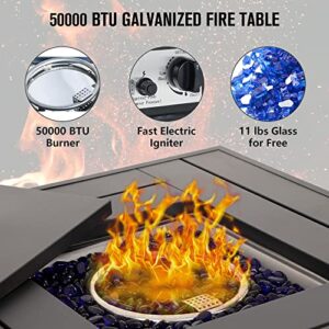 PHI VILLA 32 Inch Gas Fire Pit Table, 50000 BTU Square Outdoor Propane Rattan Fire Pit Table with Lid and Blue Fire Glass for Patio, Backyard and Garden