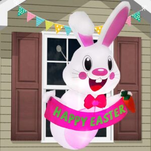 4 FT Easter Inflatable Outdoor Decorations Bunny Broke Out from Window, Easter Blow-up Yard Decorations with Banner, Build-in LED Lights, Easter Inflatable Decor for Holiday Party, Indoor, Lawn