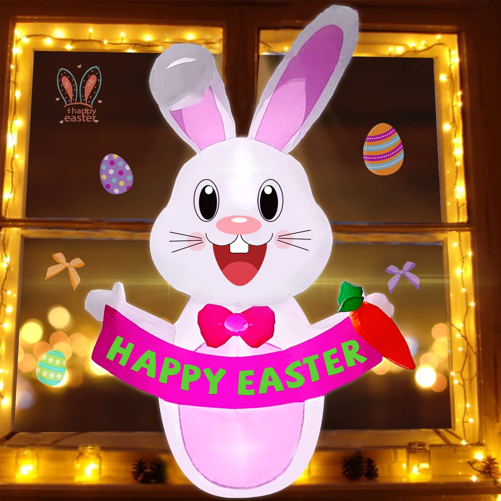 4 FT Easter Inflatable Outdoor Decorations Bunny Broke Out from Window, Easter Blow-up Yard Decorations with Banner, Build-in LED Lights, Easter Inflatable Decor for Holiday Party, Indoor, Lawn