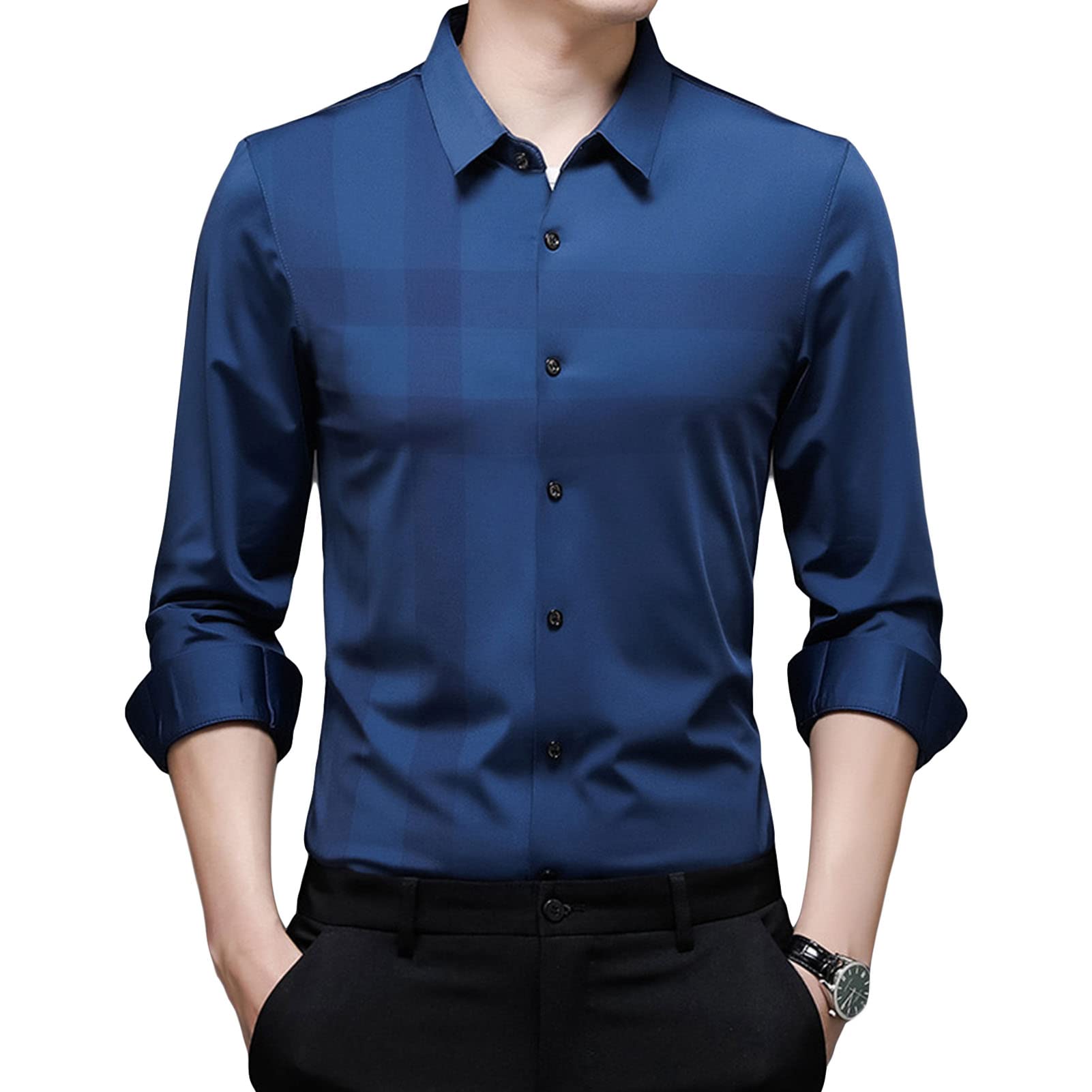 Men Plaid Wrinkle Free Dress Shirt Turn-Down Collar Button Down Business Shirts Casual Slim Fit Long Sleeve Shirts (Blue 1,4X-Large)