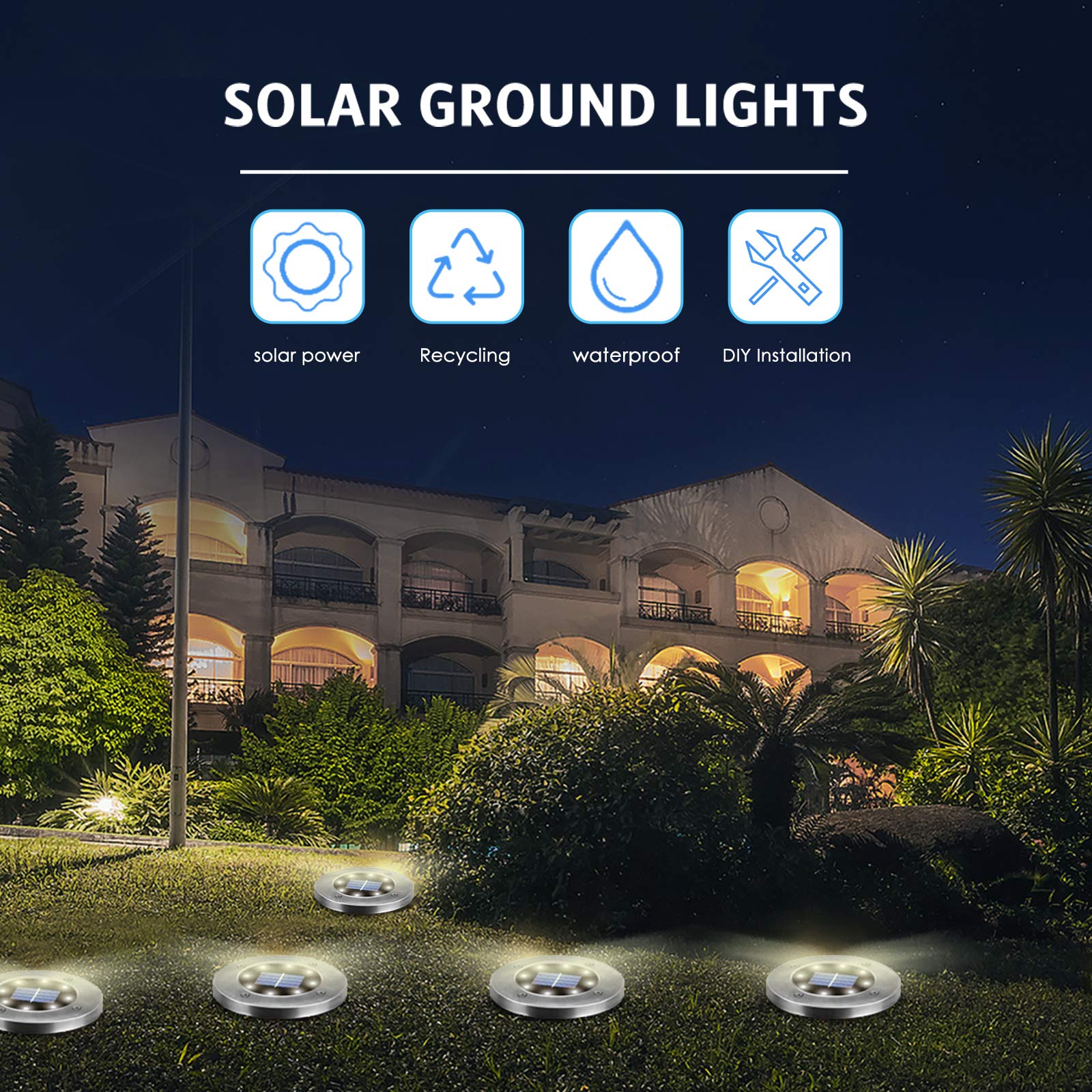 OULONGER Solar Ground Lights 8 Packs, Solar Lights Outdoor Bright 8 LED Disk Lights Garden Waterproof Patio In-Ground Lights for Lawn, Pathway, Yard, Driveway, Step and Walkway White Light