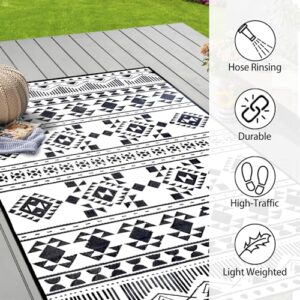 DiiKoo Outdoor Rug Mat for Patio, 6x9ft Waterproof Reversible Plastic Straw Rugs, Camping Carpet Area Mats for RV, Porch, Deck, Backyard, Balcony, Camper, Picnic, Beach, Trailer, Black & White