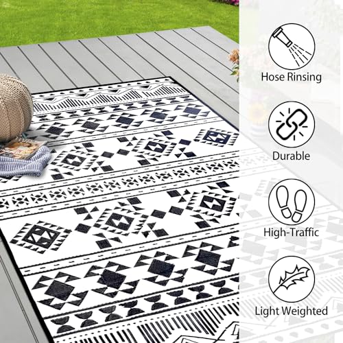 DiiKoo Outdoor Rug Mat for Patio, 6x9ft Waterproof Reversible Plastic Straw Rugs, Camping Carpet Area Mats for RV, Porch, Deck, Backyard, Balcony, Camper, Picnic, Beach, Trailer, Black & White