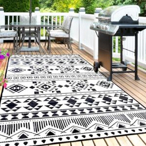 diikoo outdoor rug mat for patio, 6x9ft waterproof reversible plastic straw rugs, camping carpet area mats for rv, porch, deck, backyard, balcony, camper, picnic, beach, trailer, black & white