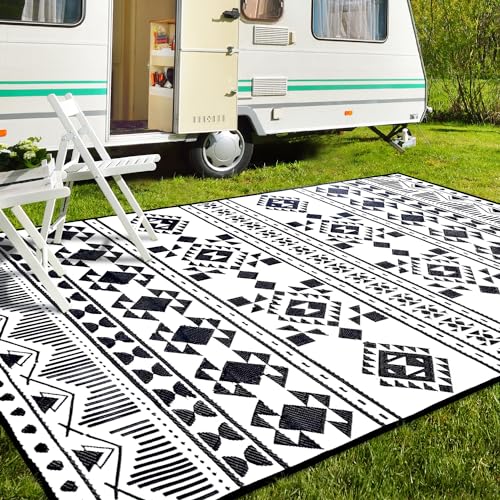 DiiKoo Outdoor Rug Mat for Patio, 6x9ft Waterproof Reversible Plastic Straw Rugs, Camping Carpet Area Mats for RV, Porch, Deck, Backyard, Balcony, Camper, Picnic, Beach, Trailer, Black & White