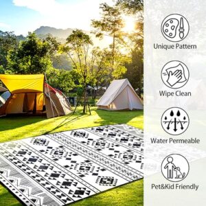 DiiKoo Outdoor Rug Mat for Patio, 6x9ft Waterproof Reversible Plastic Straw Rugs, Camping Carpet Area Mats for RV, Porch, Deck, Backyard, Balcony, Camper, Picnic, Beach, Trailer, Black & White