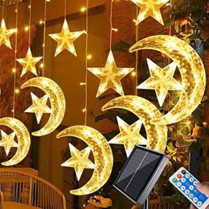 janchs solar string lights outdoor ramadan eid decorations, 8 modes waterproof 138led solar powered star moon curtain lights window fairy lights for backyard garden patio home christmas ramadan decor