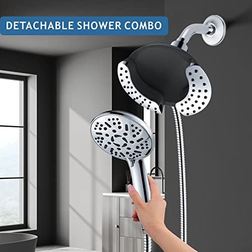 Rain Shower Head with Handheld, High Pressure 9-Setting Hand Held Shower and Rainfall Shower Head Separately or Together, Nuodan 3-Way Waterfall Shower Combo with Stainless Steel Hose, Chrome