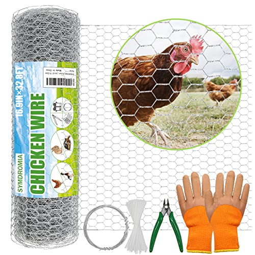 Chicken Wire, 16.9 In × 32.8 Ft Chicken Wire Fencing, Chicken Coop Accessories, 0.6 Inch Hexagonal Galvanized Wire Mesh for Rabbit Garden, Protecting Chicken Feeder Waterer, with Pliers & Glove