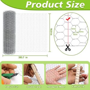 Chicken Wire, 16.9 In × 32.8 Ft Chicken Wire Fencing, Chicken Coop Accessories, 0.6 Inch Hexagonal Galvanized Wire Mesh for Rabbit Garden, Protecting Chicken Feeder Waterer, with Pliers & Glove