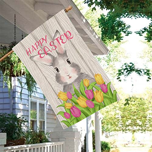 Happy Easter House Flag large 28 x 40 Inch Double Sided Rabbit with flower Spring Seasonal for Outside Burlap Yard Outdoor Decor