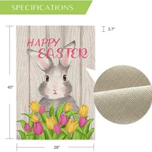 Happy Easter House Flag large 28 x 40 Inch Double Sided Rabbit with flower Spring Seasonal for Outside Burlap Yard Outdoor Decor