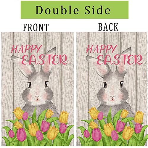 Happy Easter House Flag large 28 x 40 Inch Double Sided Rabbit with flower Spring Seasonal for Outside Burlap Yard Outdoor Decor