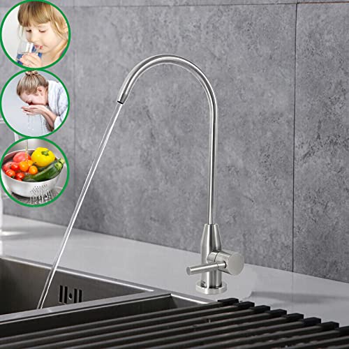 Drinking Water Faucet 100% Lead-Free Kitchen Water Filter Faucet Brushed Finish Cold Water Bar Sink Faucet for Water Purifier Filter Filtration System, 1/4-inch Tube, Stainless Steel