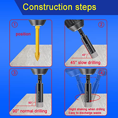 6 PCS Dry Diamond Drill Bits Set，Diamond Hole Saw Set for Granite, Glass, Ceramic, Tile, Marble, Porcelain - 1/4", 5/16", 3/8",1/2",9/16" Tile Drill Bits & 1/4 Carbide Drill Bit