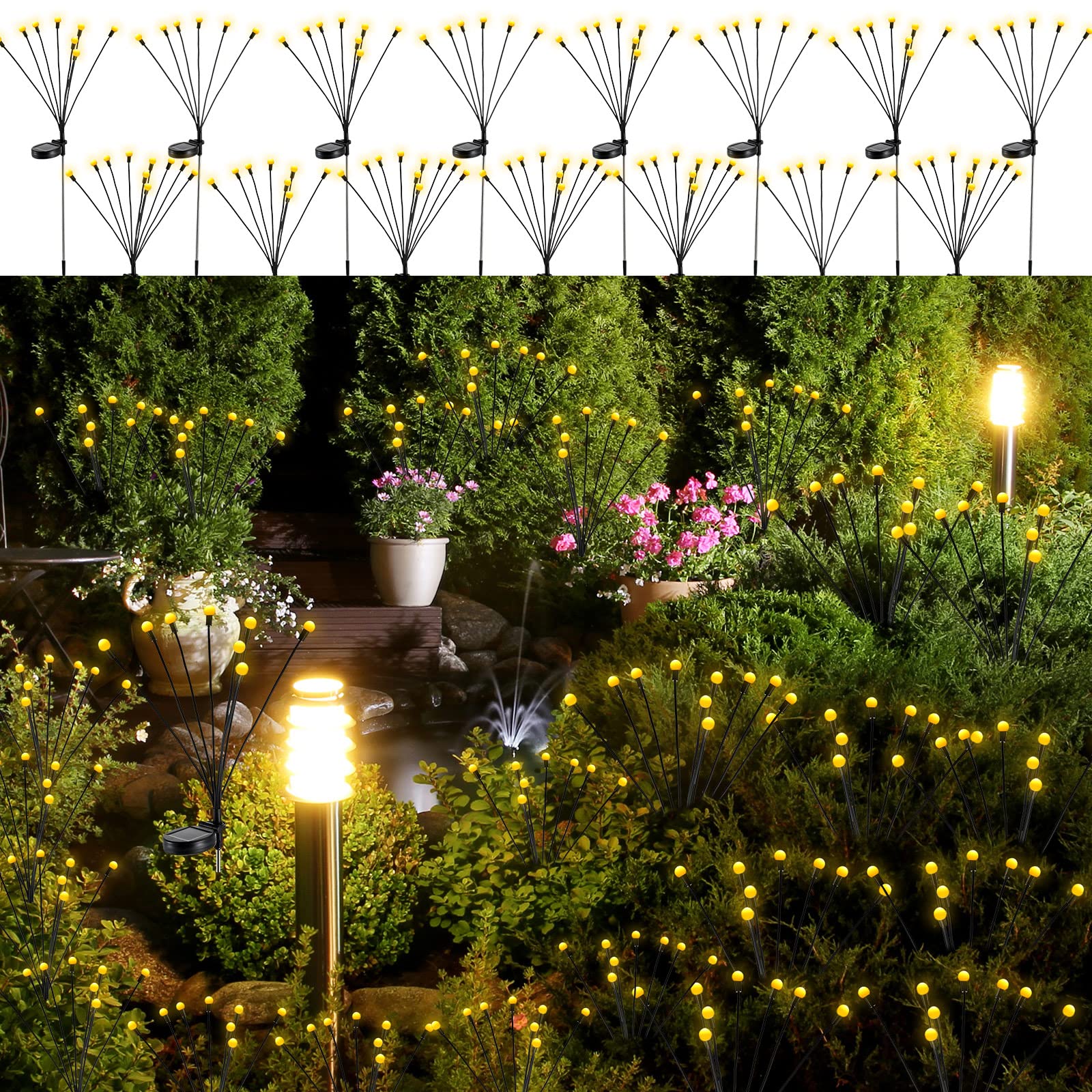 15 Pcs Firefly Solar Swaying Outdoor Lights Waterproof Firefly Garden Decorative 6 8 10 LED Solar Lights Landscape Lighting Fairy Pathway Decoration for Patio Yard Garden, 3 Styles