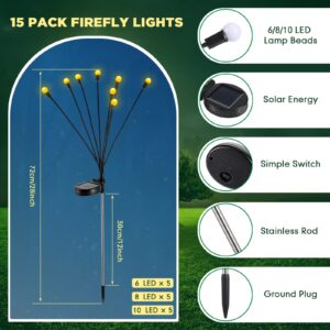 15 Pcs Firefly Solar Swaying Outdoor Lights Waterproof Firefly Garden Decorative 6 8 10 LED Solar Lights Landscape Lighting Fairy Pathway Decoration for Patio Yard Garden, 3 Styles