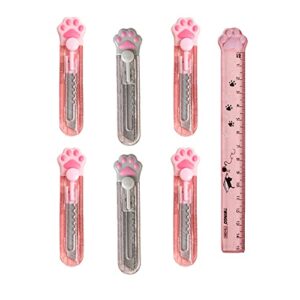 small utility knife，cute cat paw retractable utility knife，6 utility knifes，send you 1 plastic ruler，9mm wider razor sharp blade，perfect for office and home use