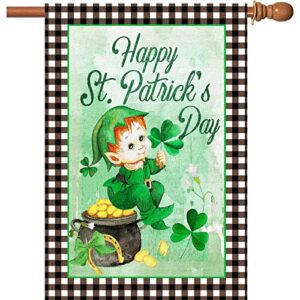 surfapans happy st patricks day house flag 28x40 inch double sided outside burlap buffalo check plaid green shamrock clover large yard flag