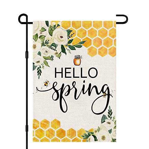 Hello Spring Bees Floral Garden Flag 12x18 Inch Double Sided Burlap Outside, Flower Seasonal Sign Yard Outdoor Decoration DF238