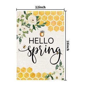 Hello Spring Bees Floral Garden Flag 12x18 Inch Double Sided Burlap Outside, Flower Seasonal Sign Yard Outdoor Decoration DF238