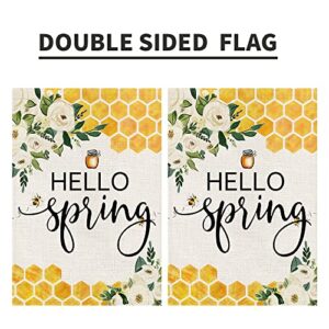 Hello Spring Bees Floral Garden Flag 12x18 Inch Double Sided Burlap Outside, Flower Seasonal Sign Yard Outdoor Decoration DF238