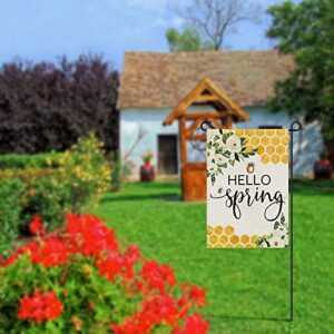 Hello Spring Bees Floral Garden Flag 12x18 Inch Double Sided Burlap Outside, Flower Seasonal Sign Yard Outdoor Decoration DF238