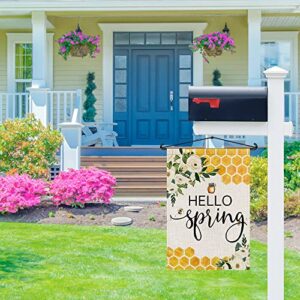 Hello Spring Bees Floral Garden Flag 12x18 Inch Double Sided Burlap Outside, Flower Seasonal Sign Yard Outdoor Decoration DF238