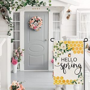 Hello Spring Bees Floral Garden Flag 12x18 Inch Double Sided Burlap Outside, Flower Seasonal Sign Yard Outdoor Decoration DF238