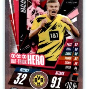 2020-21 Topps Chrome Match Attax UEFA UCL League #176 Erling Haaland Hat-Trick Hero Borussia Dortmund Soccer Trading Card