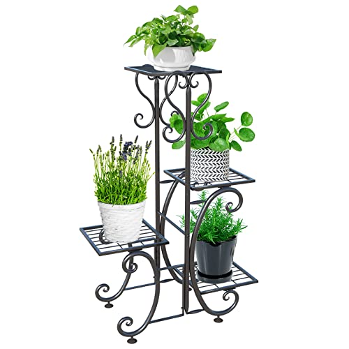 ZHAZHADI Metal Plant Stand Indoor Outdoor - 4 Tier Flower Pot Holder Shelf - Wrought Iron Planter Display Rack - Corner Vertical Shelves Organizer for Garden Patio Lawn balcony…