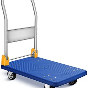 Platform Truck with 440lb Weight Capacity and 360 Degree Swivel Wheels, Foldable Push Hand Cart for Loading and Storage, Blue