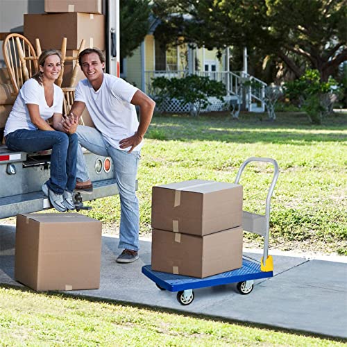 Platform Truck with 440lb Weight Capacity and 360 Degree Swivel Wheels, Foldable Push Hand Cart for Loading and Storage, Blue