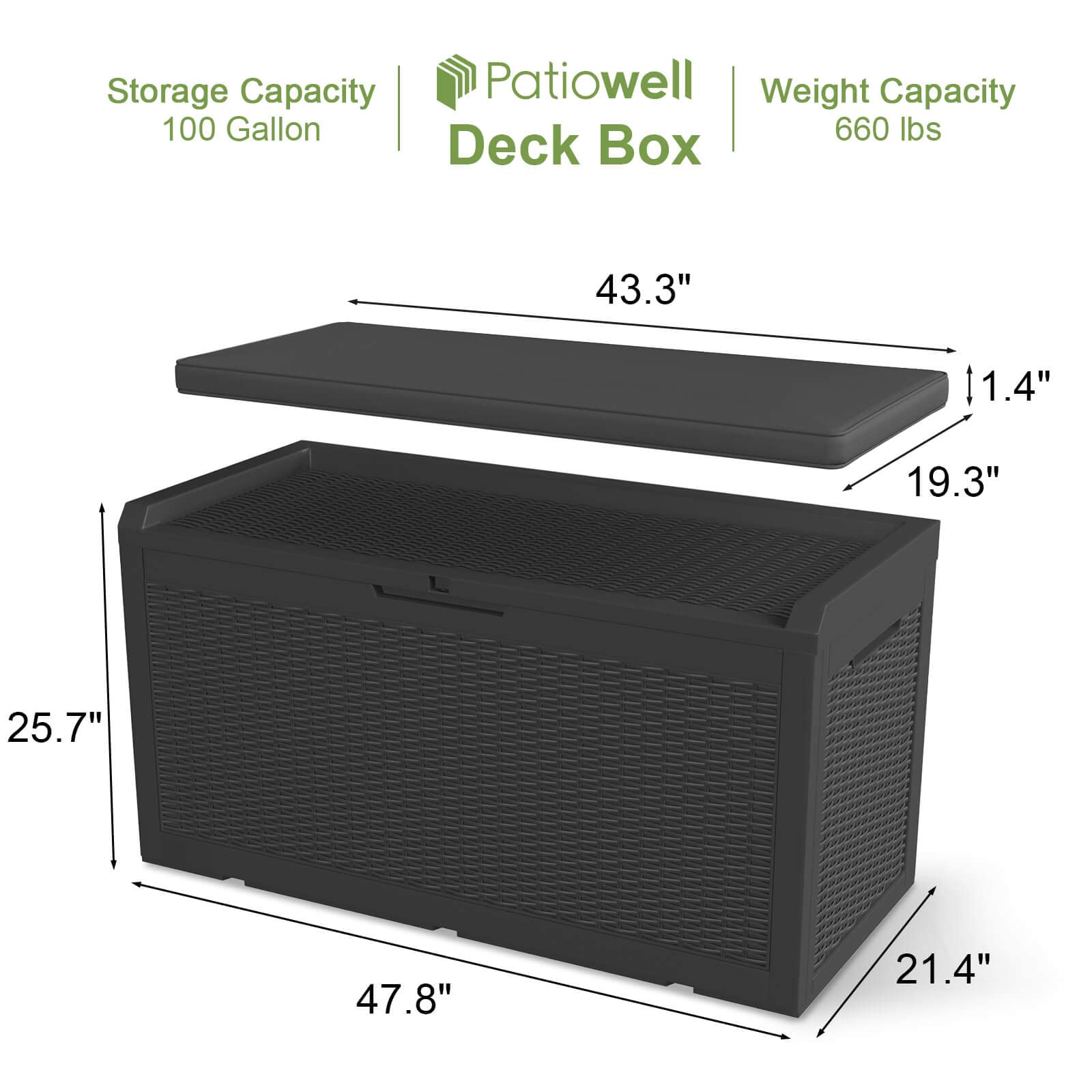 Patiowell 100 Gallon Resin Deck Box with Soft Cushion, Waterproof Large Storage Box for Patio Furniture, Pool Accessories, Toys, Garden Tools and Sports Equipment, Lockable, Black