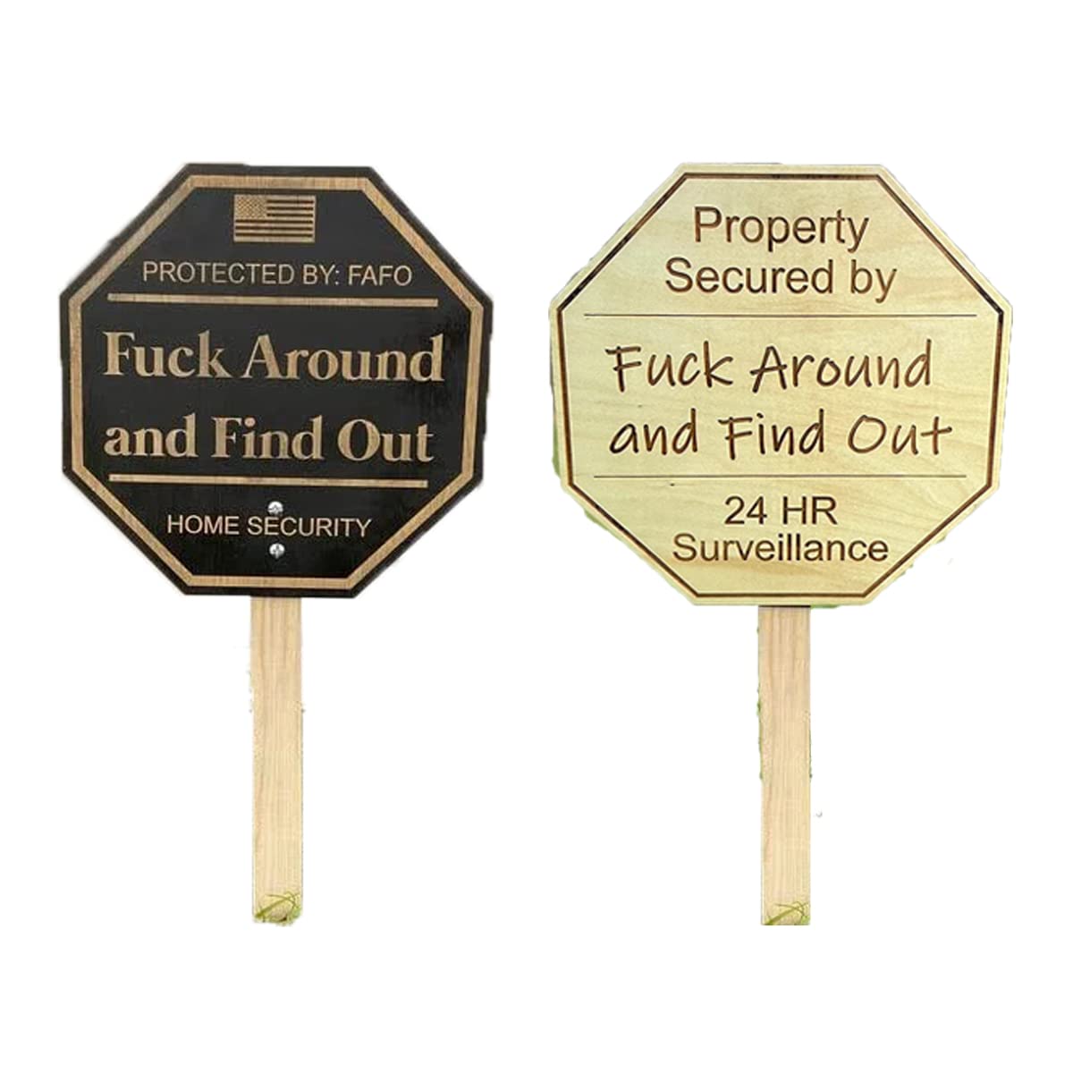 2 Pack Surveillance Sign - Protected by F Funk Around and Find Out - Wood Fafo Security Signs - Home - Funny Gag Joke Warning Yard Signs