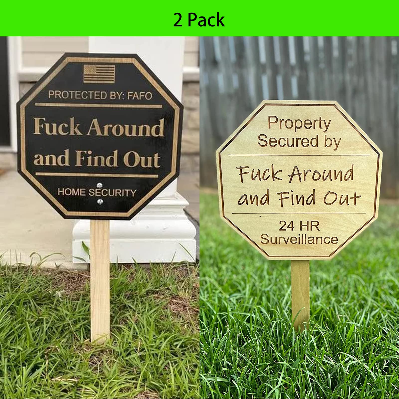 2 Pack Surveillance Sign - Protected by F Funk Around and Find Out - Wood Fafo Security Signs - Home - Funny Gag Joke Warning Yard Signs