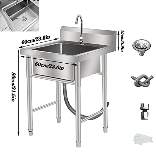 Commercial Sink 304 Stainless Steel Utility Commercial Grade Laundry Tub Culinary for Outdoor Indoor Garage Kitchen Laundry Utility Room (50cm/60cm)