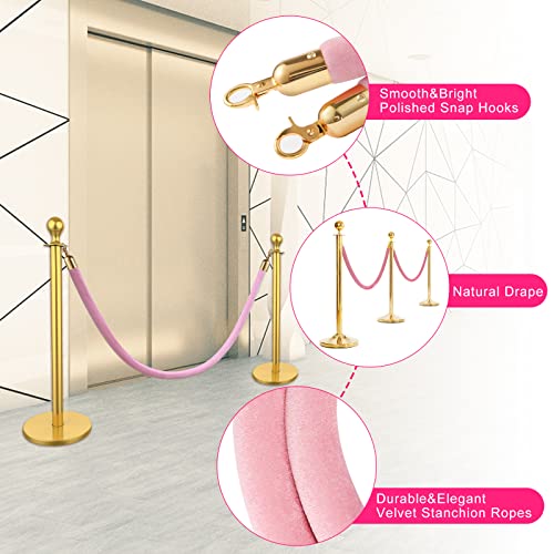 Vevitts 4 pcs Pink Velvet Stanchion 6.4FT Velvet Rope, Crowd Control Ropes Barrier with Polished Gold Hooks, Thick Stanchion Queue Barrier Rope