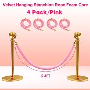 Vevitts 4 pcs Pink Velvet Stanchion 6.4FT Velvet Rope, Crowd Control Ropes Barrier with Polished Gold Hooks, Thick Stanchion Queue Barrier Rope