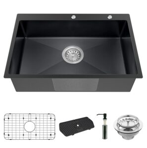 black kitchen sink, stainless steel topmount bar sink 33x22x9 inch single bowl drop in kitchen sink combo-sink grid,soap dispenser,faucet mat,drain strainer set for modern single basin kitchen sink