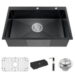 Black Kitchen Sink, Stainless Steel Topmount Bar Sink 33x22x9 Inch Single Bowl Drop In Kitchen Sink Combo-Sink Grid,Soap Dispenser,Faucet Mat,Drain Strainer Set for Modern Single Basin Kitchen Sink