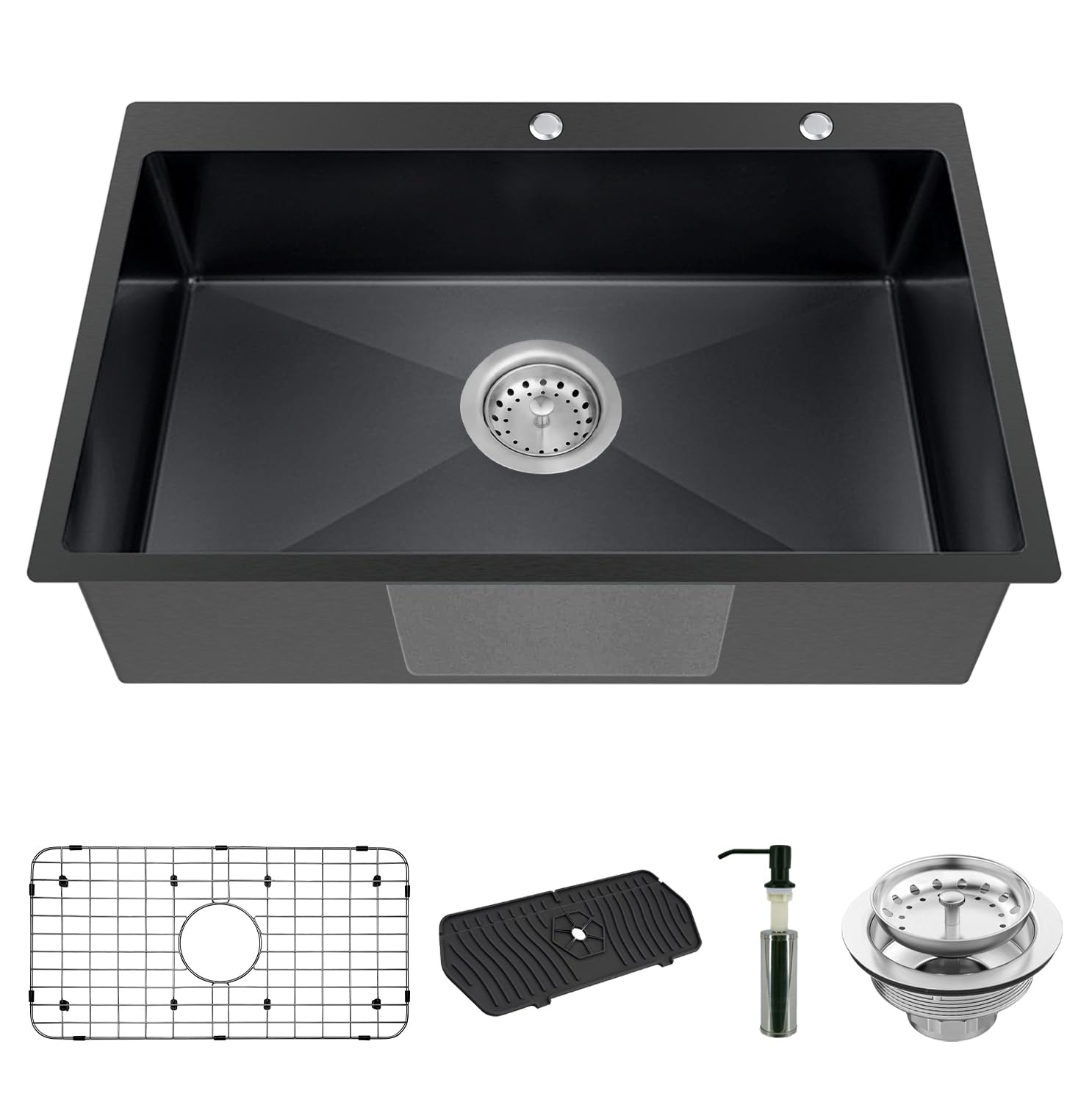 Black Kitchen Sink, Stainless Steel Topmount Bar Sink 33x22x9 Inch Single Bowl Drop In Kitchen Sink Combo-Sink Grid,Soap Dispenser,Faucet Mat,Drain Strainer Set for Modern Single Basin Kitchen Sink