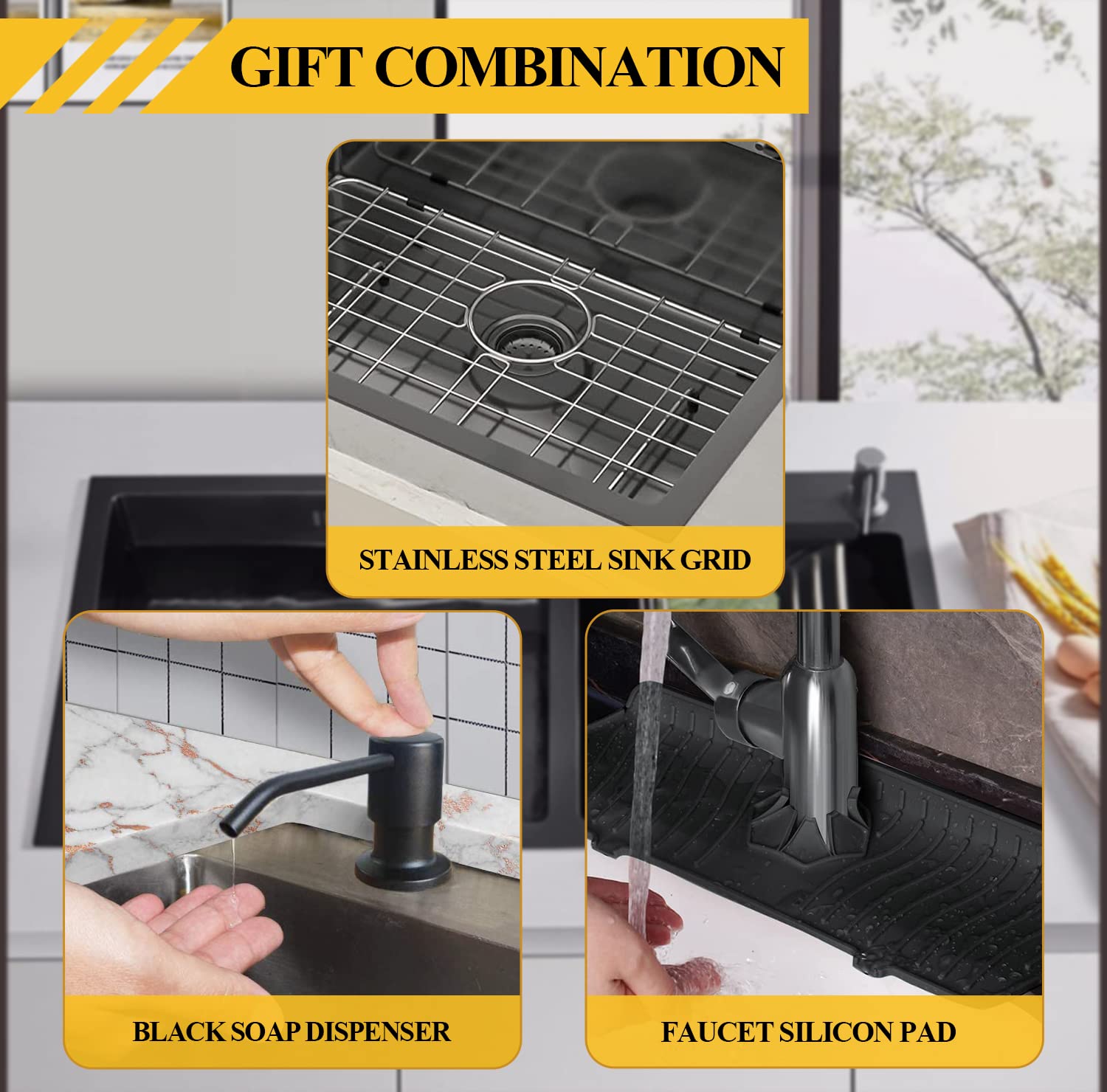 Black Kitchen Sink, Stainless Steel Topmount Bar Sink 33x22x9 Inch Single Bowl Drop In Kitchen Sink Combo-Sink Grid,Soap Dispenser,Faucet Mat,Drain Strainer Set for Modern Single Basin Kitchen Sink