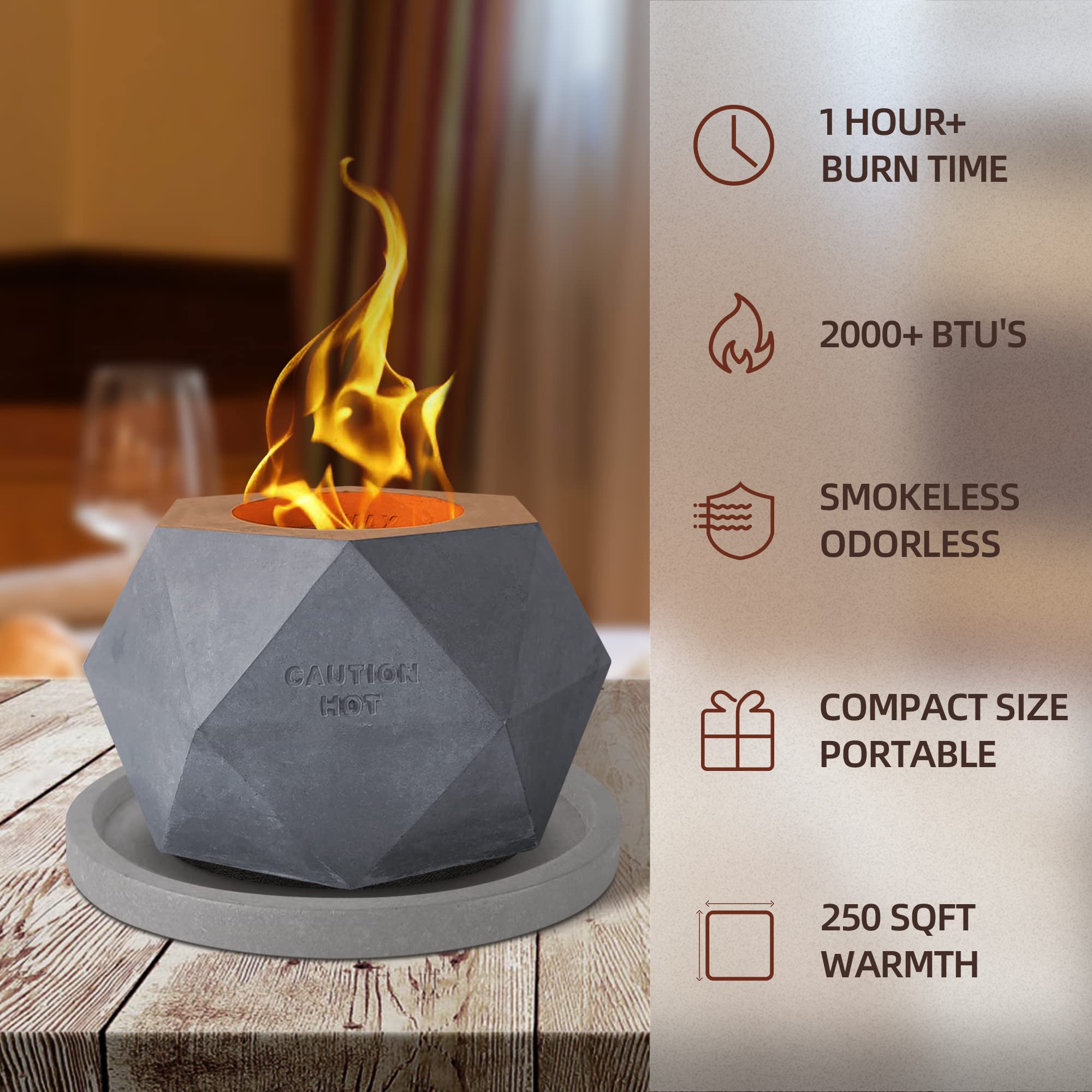 Tabletop Fire Pit Indoor Outdoor Fire Pit Small Rubbing Alcohol Fireplace, Ethanol Fire Pit Mini Fire Pit for S’Mores, Table Top Fire Pit Bowl Concrete Fireplace with 6’’ Light Gray Base