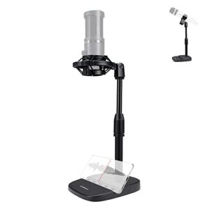 desktop microphone stand, podcast microphone stand, table gaming mic stand, height adjustable with shock mount, mic clip phone slot weighted base for broadcast studio recording for at2020 shure rode