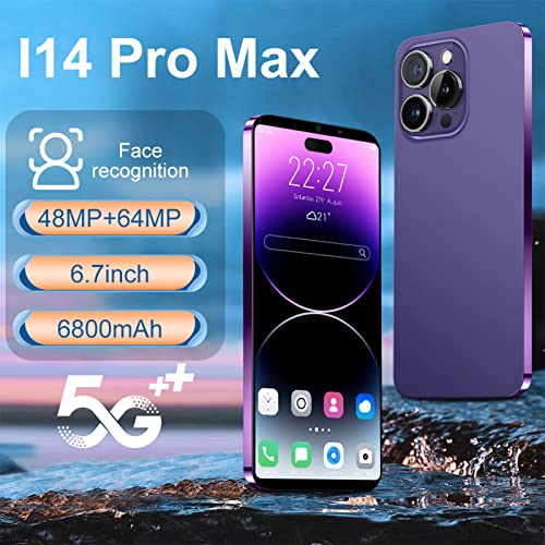 Yoidesu I14pro Cell Phone, 6.1in 1440X3040 HD Face Recognition Smartphone, 4GB RAM + 64GB ROM, Dual SIM, 8MP Front + 16MP Rear Camera, 7000mAh Battery WiFi Mobile Phone Purple