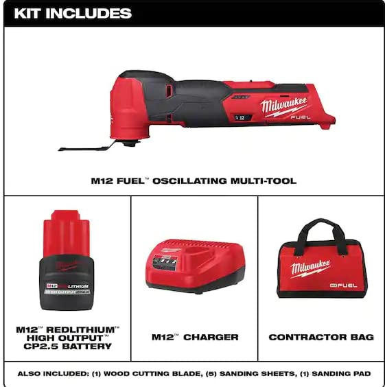 Milwaukee M12 FUEL 12V Lithium-Ion Cordless Oscillating Multi-Tool Kit w/High Output 2.5 Ah Battery, Charger, Accessories & Bag